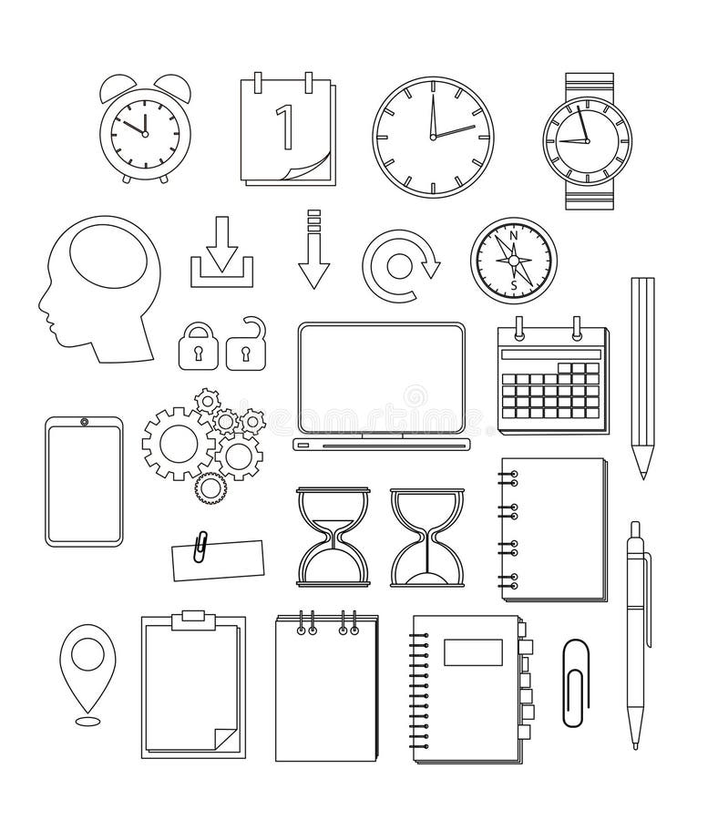 Set of Flat Outline Business and Time Management Icons. Black and White ...