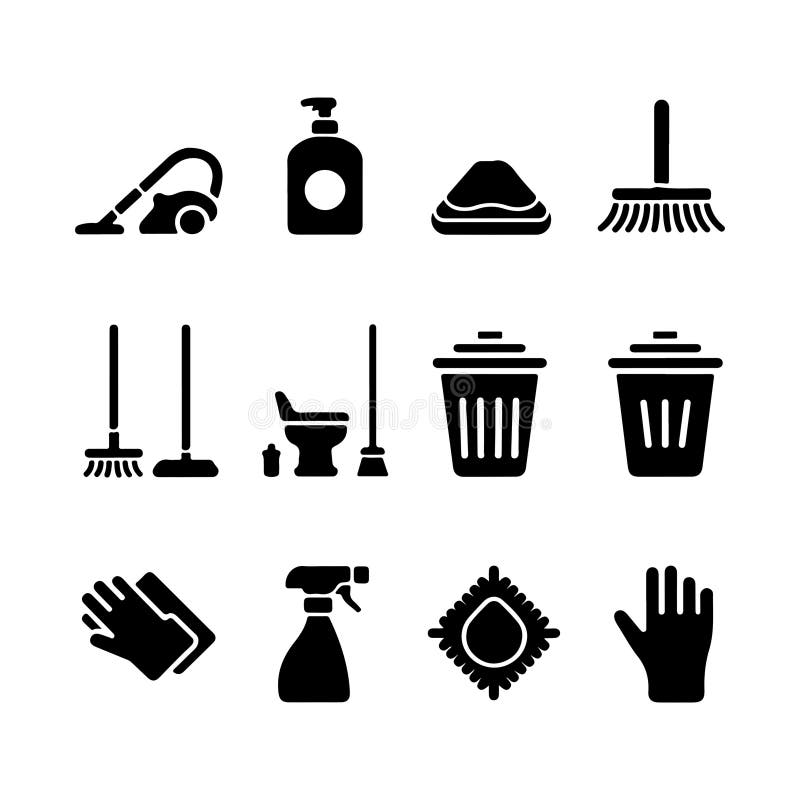 Cleaning Equipment Icon Set Over White Background, Silhouette Style ...