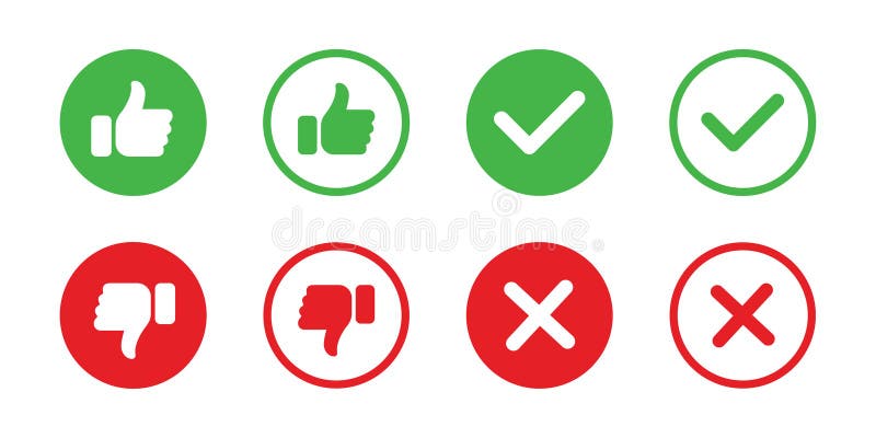 Thumb Up and Thumb Down Sign. Check Mark and Cross Mark Icon Set. Like ...