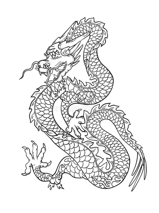 Line Art Dragon Drawing. Outline Black and White Traditional Chinese ...