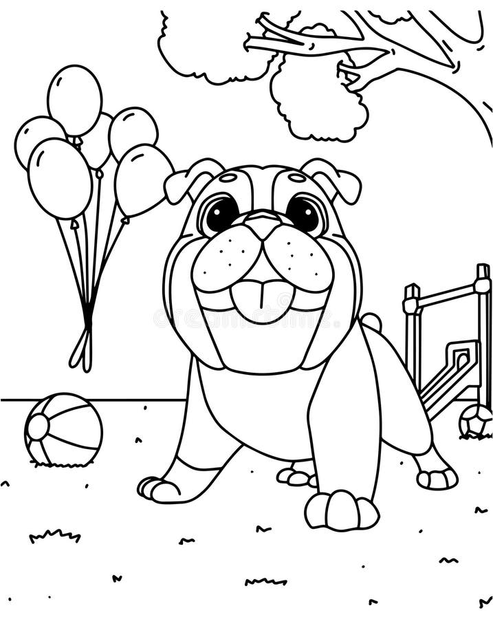 Coloring Book Page Cute Dog Play with Ball and Balloons Under Tree ...