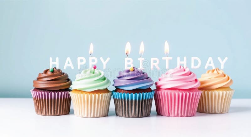 Colorful Cupcakes with Happy Birthday Candle Toppers Stock Illustration ...
