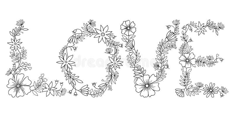 Vector Floral Love Word Lettering with Outline Leaves and Flowers in ...