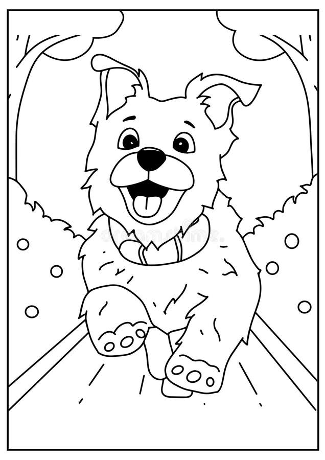 Coloring Book Page Puppy, with a Wide Grin and Wagging Tail, Bounds ...