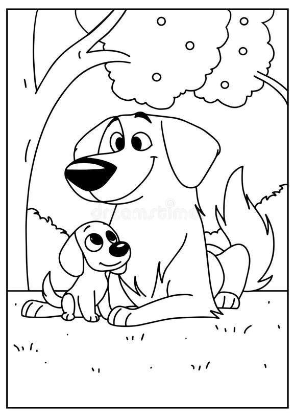 Coloring Book Page Dog and Its Playful Puppy, Nestled Under a Shady ...