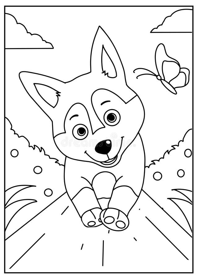 Coloring Book Cute Dog Run with Butterfly Illustration Stock Vector ...