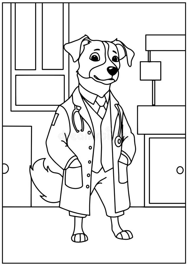 Coloring Book Cute Dog Suit Doctor Standing Pose Stock Vector ...