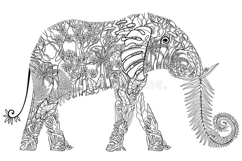 Floral Elephant with Outline Tropical Plants in Black Isolated on White ...
