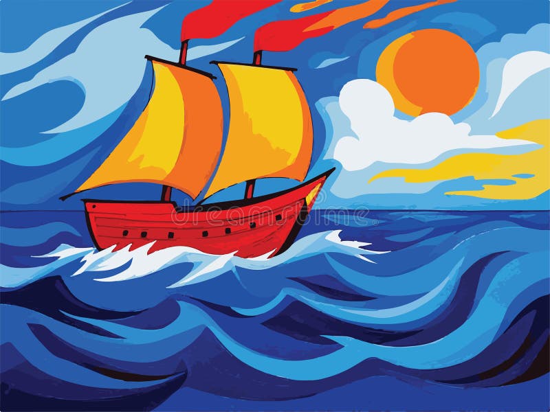Vibrant Sailing Ship on the Ocean 2D Vector Illustration Stock Vector ...