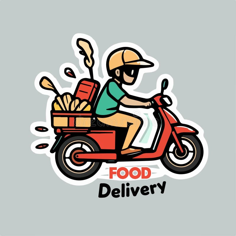 Food Delivery Man Logo with Motor Bike Sticker Label Vector Design ...