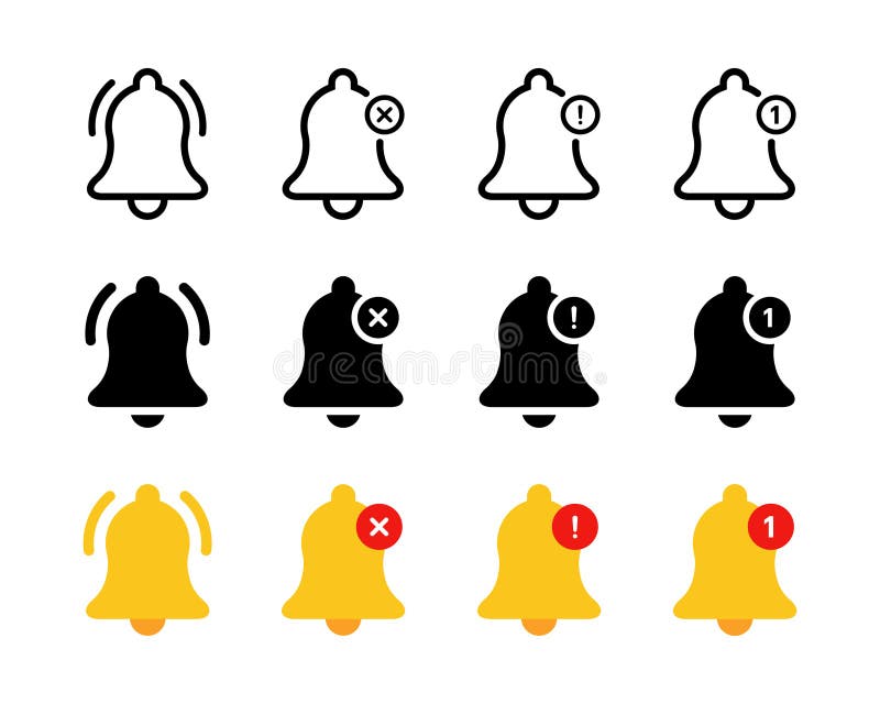 Notification Bell Icon Set. Alarm Symbol. New Incoming Inbox Message ...
