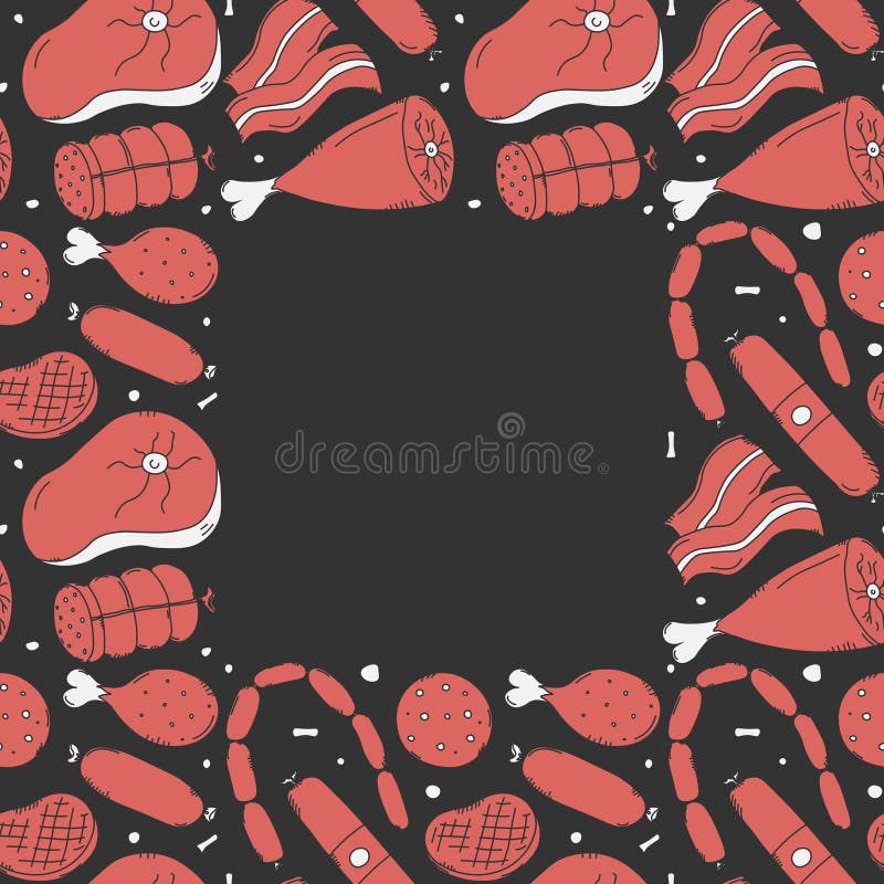 Meat Frame. Doodle Meat Background with Place for Text. Vector ...