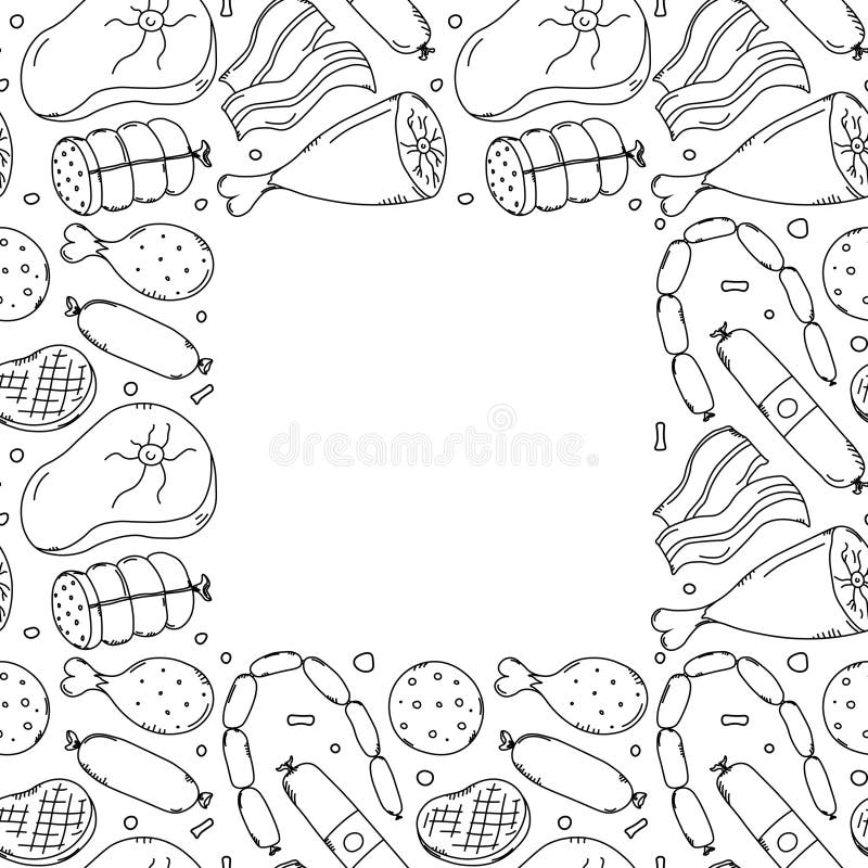 Meat Frame. Doodle Meat Background with Place for Text. Vector ...