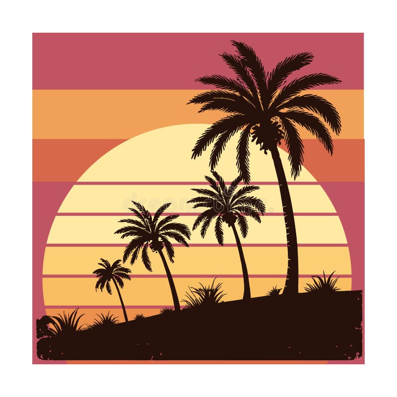 Tropical Vibes: Palm Trees on a Retro Sunset. Stock Vector ...