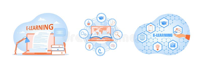 E-learning Concepts Illustrated with Digital Education Systems and Online Resources. Stock ...