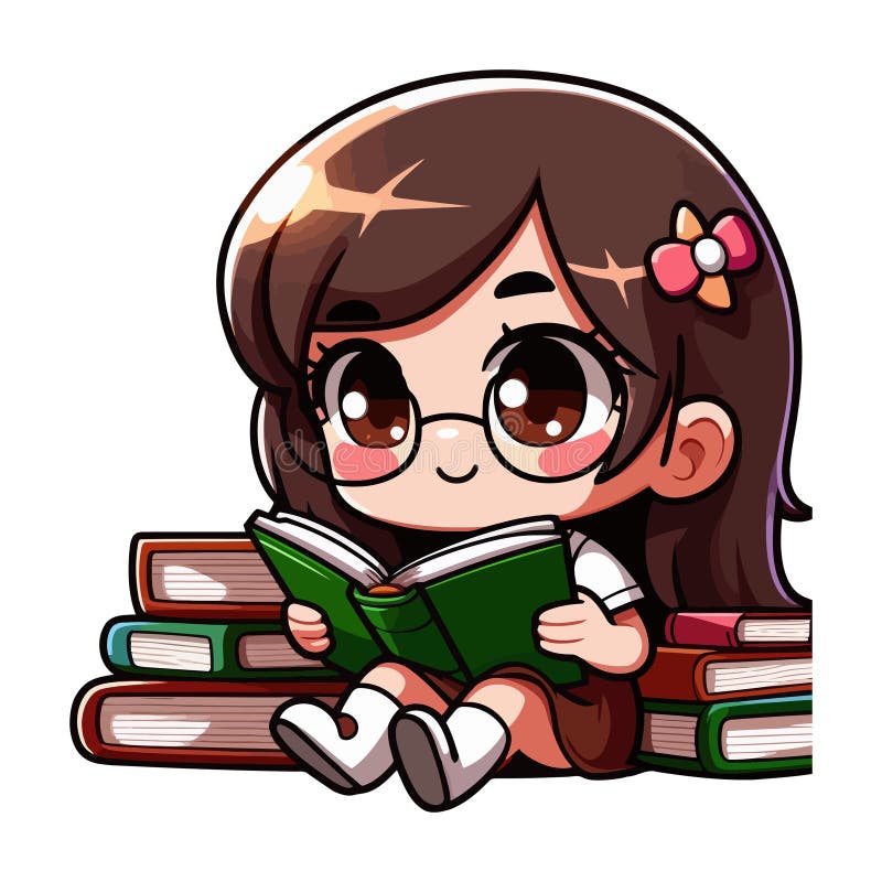 Cute Girl Reading Books Surrounded by Stacks of Stories. Stock ...