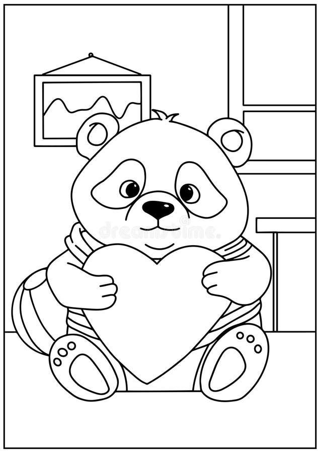 Coloring Book Cuddly Panda Cub Cradling a Heart, Ready for Coloring ...