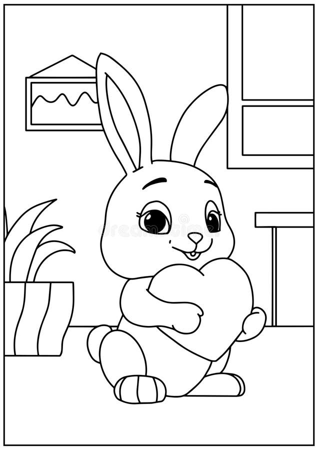 Coloring Book Page Bunny Cradles a Heart with a Sweet Smile, Creating a ...