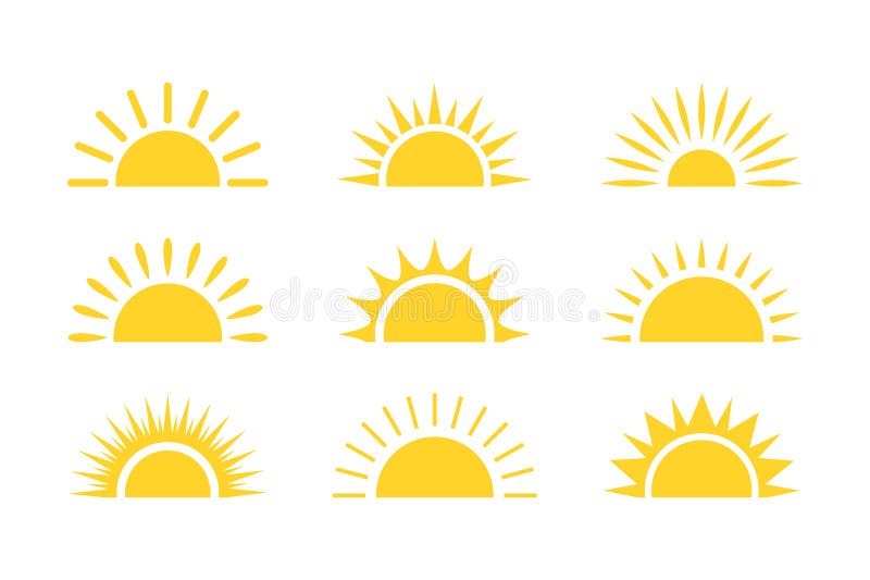 Set of Half Sun Icon, Sunrise Ray, Morning Light Burst, Summer Symbol ...