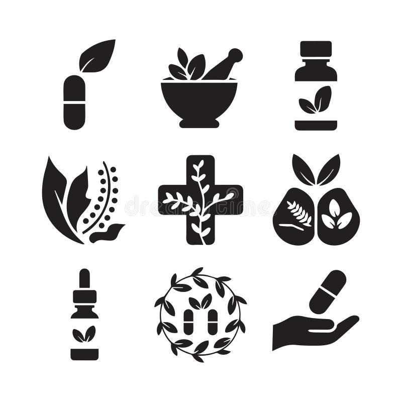 A Set of Flat Vector Silhouette Icons Themed Around Herbal Capsule and ...