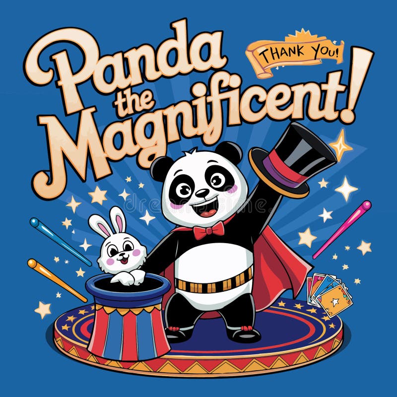 Playful Panda Magician Performing with Magic Hat and Rabbit on Stage ...