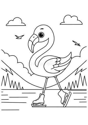 Coloring Book Flamingo Ice Skating Coloring Page for Kids, Set Against ...