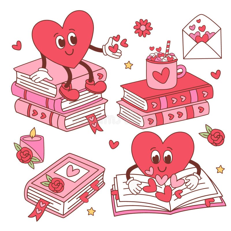 Set of Isolated Cute Characters Hearts, Books, Cup, Envelope, Flower ...
