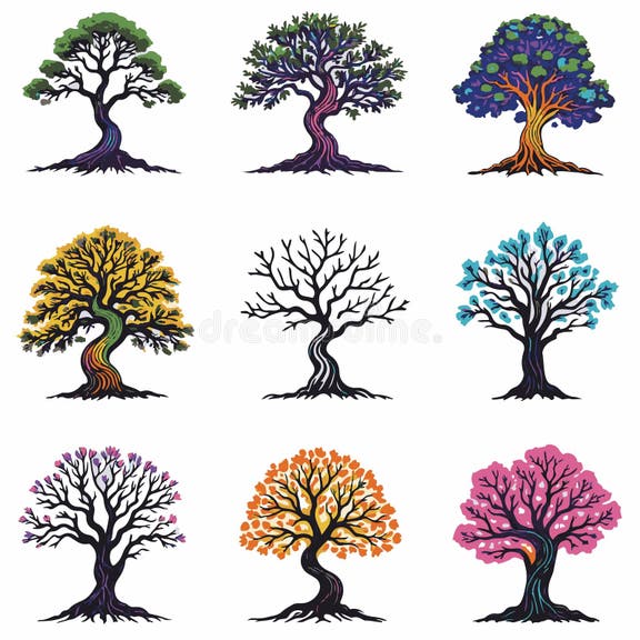 Vibrant Seasonal Tree Vector Collection – 9 Unique Designs Stock Vector ...