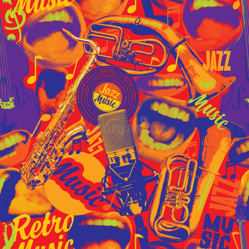 Seamless Pattern on the Theme of Retro Jazz Music Stock Vector ...