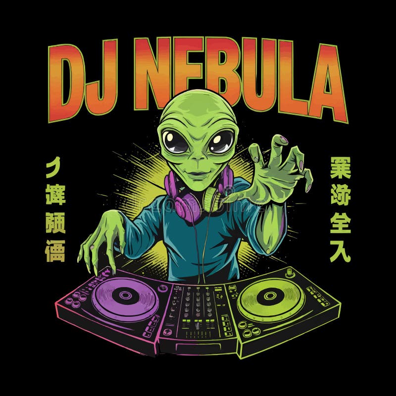 Vibrant Neon Alien DJ Artwork with Retro DJ NEBULA Typography Stock ...