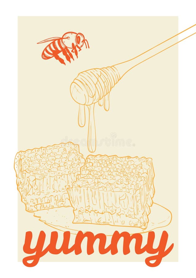 Poster with Honey, Honeycomb, Bee, Line Art Vector Stock Vector ...