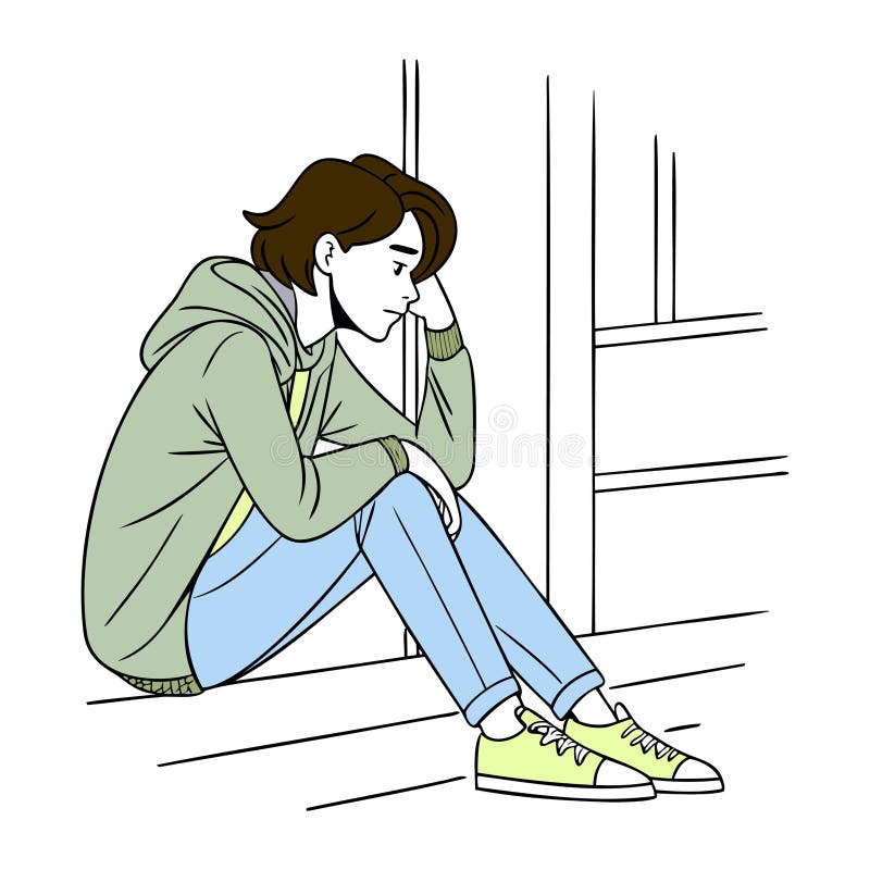 Sad Young Man in Hoodie Sitting Alone - Illustration Stock Vector ...