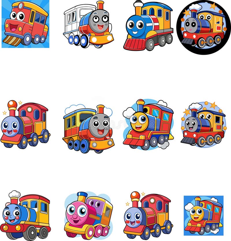 Fun Cartoon Train Head Made of Playful Icons – Kids Vector Illustration ...