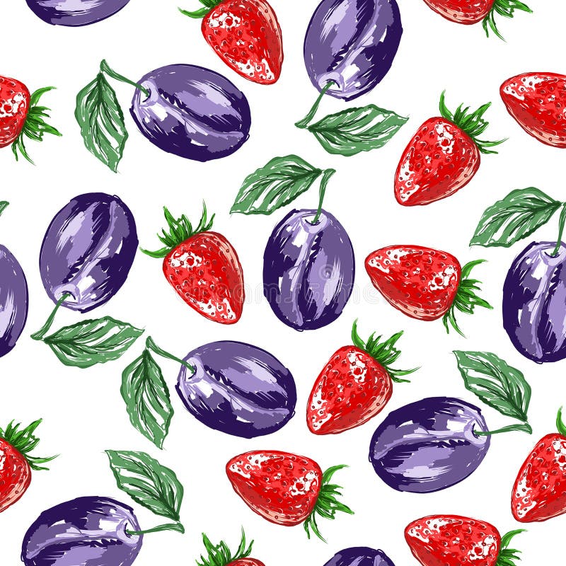 Picturesque Pattern with Plums and Strawberries. Design of Packaging ...