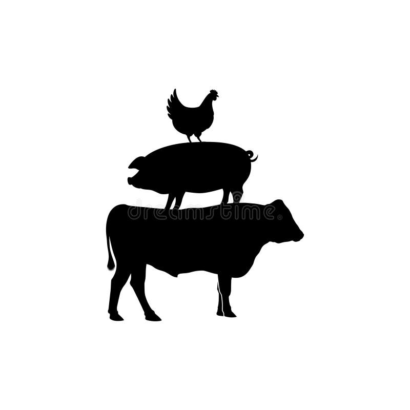 Cow Pig Chicken Stencil Icon Vector. Farm Animals Stencil Silhouettes ...