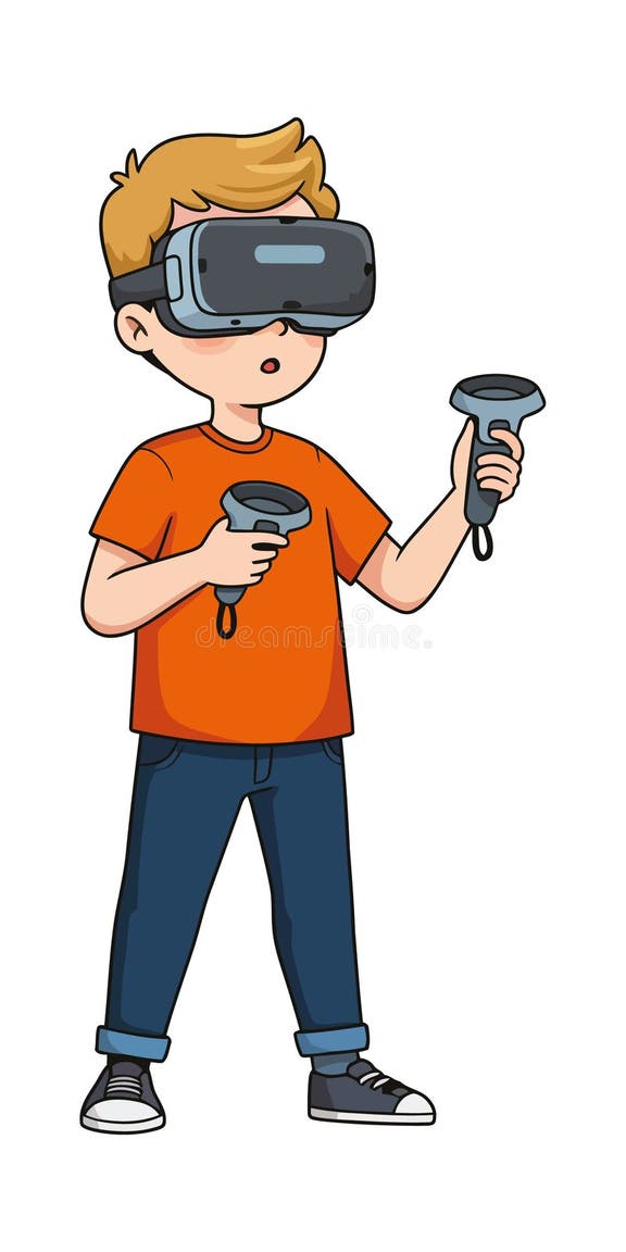 Illustration of a Young Boy Using Vr Headset and Controllers Stock ...