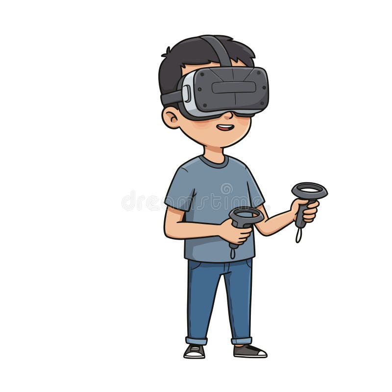 Illustration of a Young Boy Using Vr Headset and Controllers Stock ...