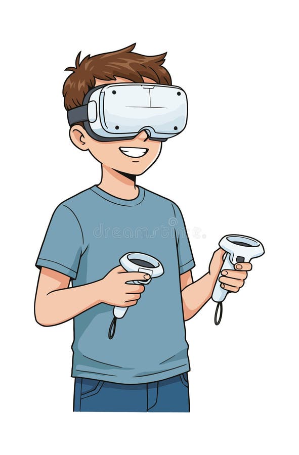 Illustration of a Young Boy Using Vr Headset and Controllers Stock ...