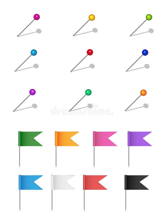 Vector Set with Realistic Pins and Pin Flags for Notebook. Equipment ...