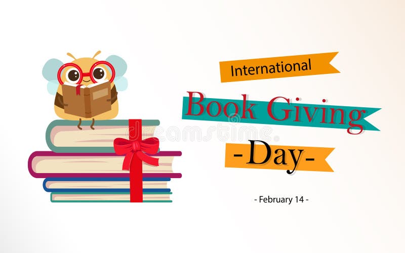 International Book Giving Day Banner with Cute Reading Cartoon Bee ...