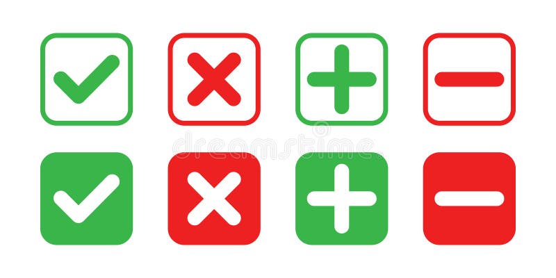 Set of Square Check Mark, X Mark, Plus Sign and Minus Sign Icons ...