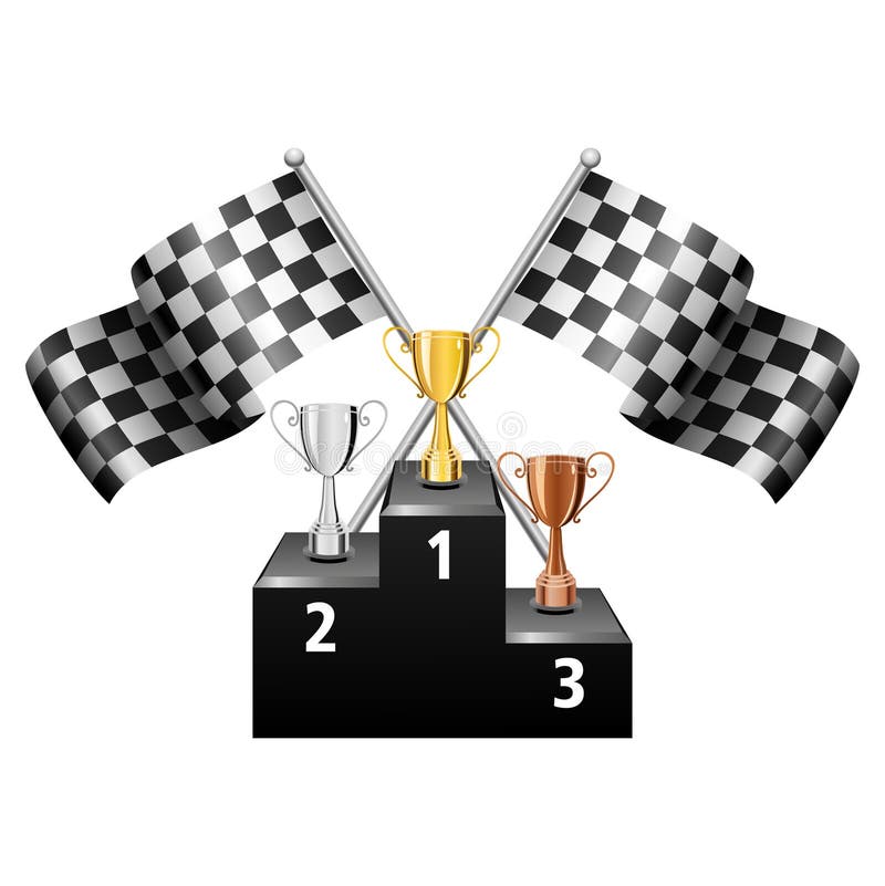 Podium with Winner Cup and Checkered Flag Stock Illustration ...