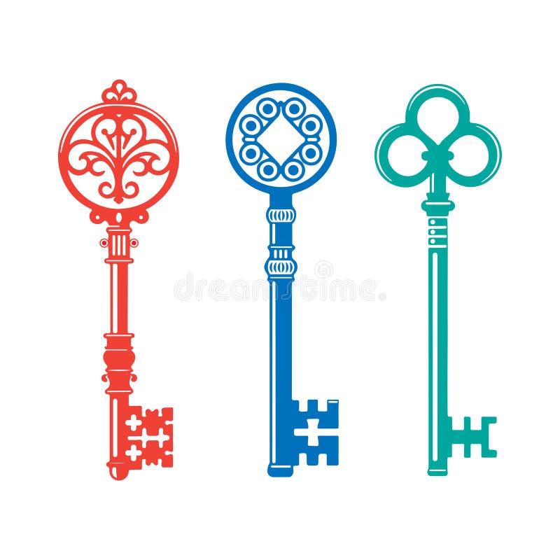 Three Decorative Keys are Illustrated Against a White Background. Stock ...