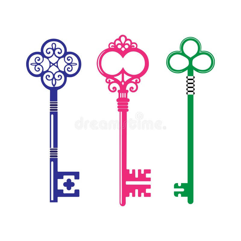 Three Stylized Keys with Ornate Designs. Stock Vector - Illustration of ...