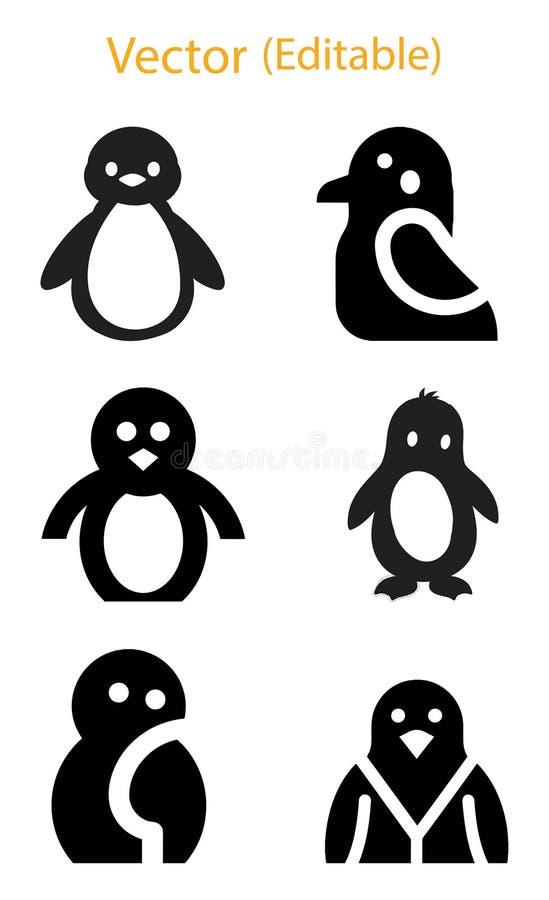 Stylized Penguin Vector Icons in Black Silhouettes. Six Penguin Icons ...