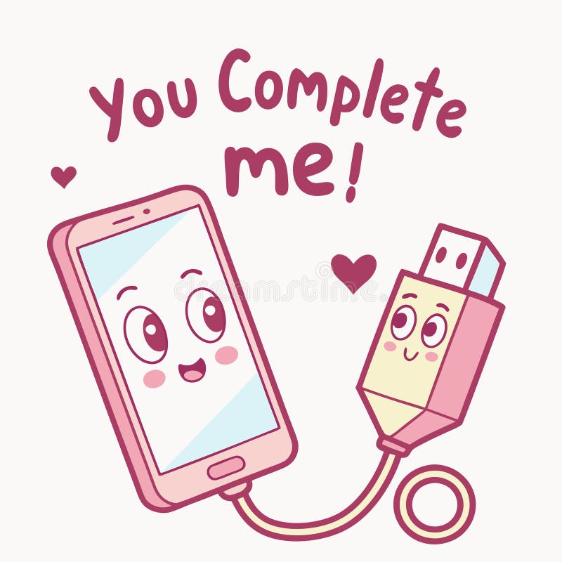 Cute Valentine Tech Love Illustration. Adorable Smartphone and Charger ...
