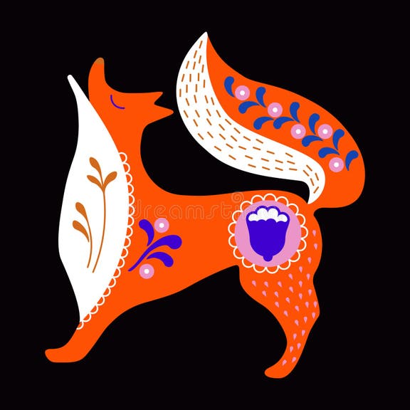 Cute Colorful Fox with Folk Ornaments. Red Fox in Folk Style with ...