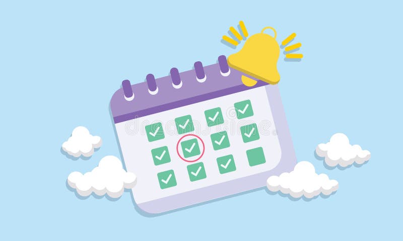 Calendar with Check Mark in Date and Bell Notification. Meeting ...