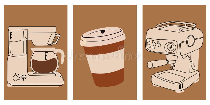 Cartoon Retro Coffee Posters. Craft Paper Cup, Coffee Machines, Coffee ...