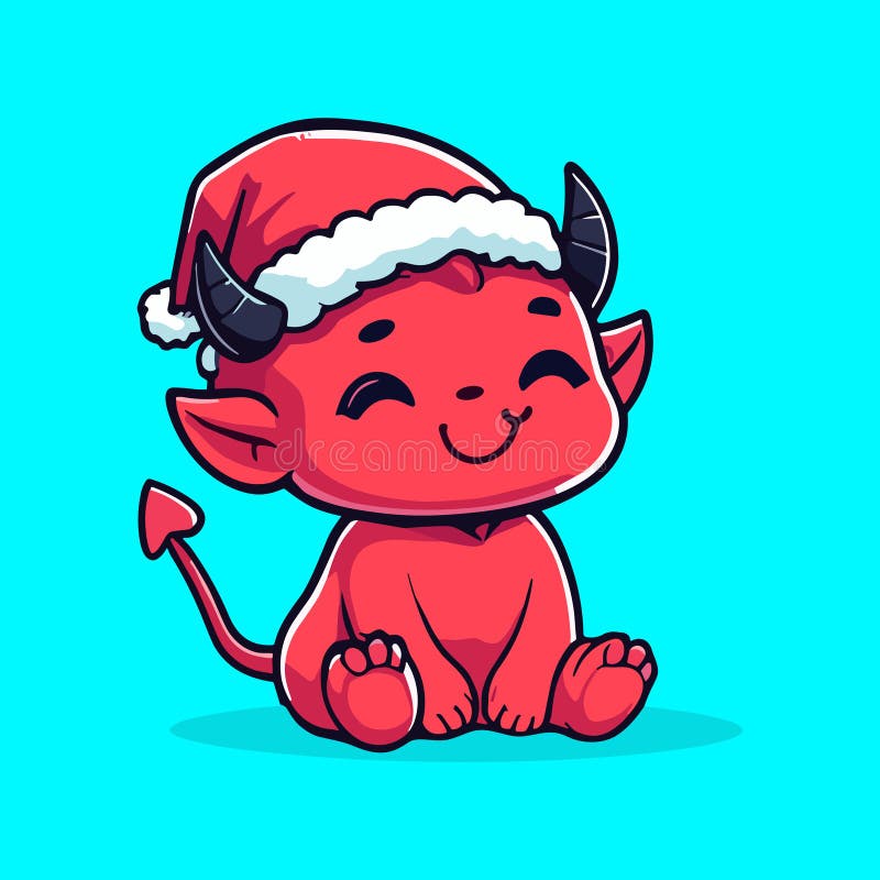Cartoon Red Devil Baby in Santa Hats Blue Background Stock Vector ...
